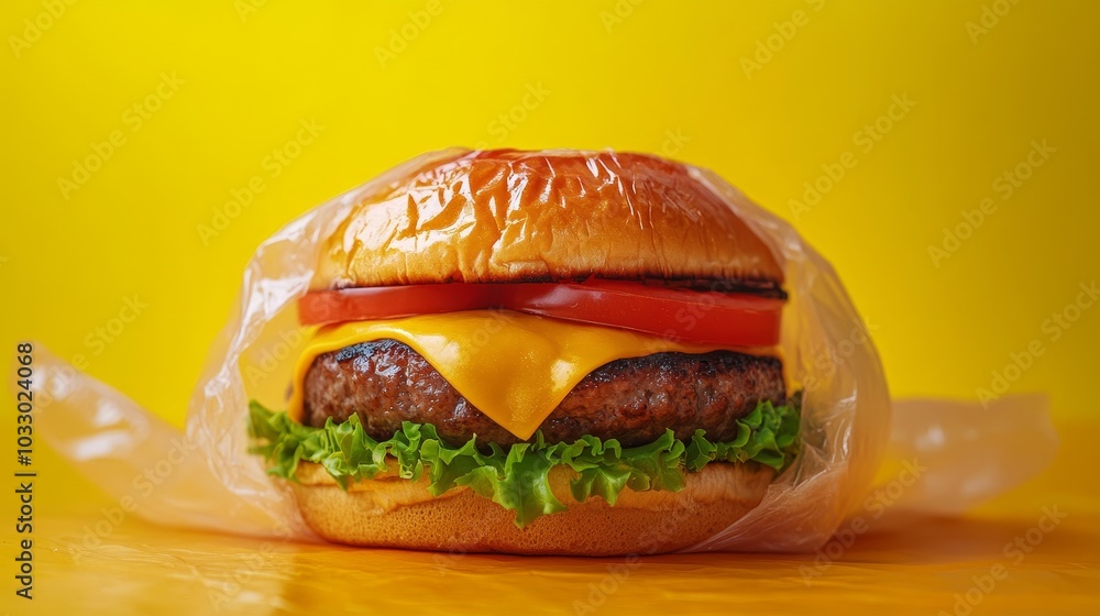 Burger wrapped in biodegradable packaging with zero-waste messaging in ...