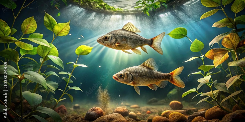 Sunbeams illuminate the tranquil depths of a freshwater ecosystem ...