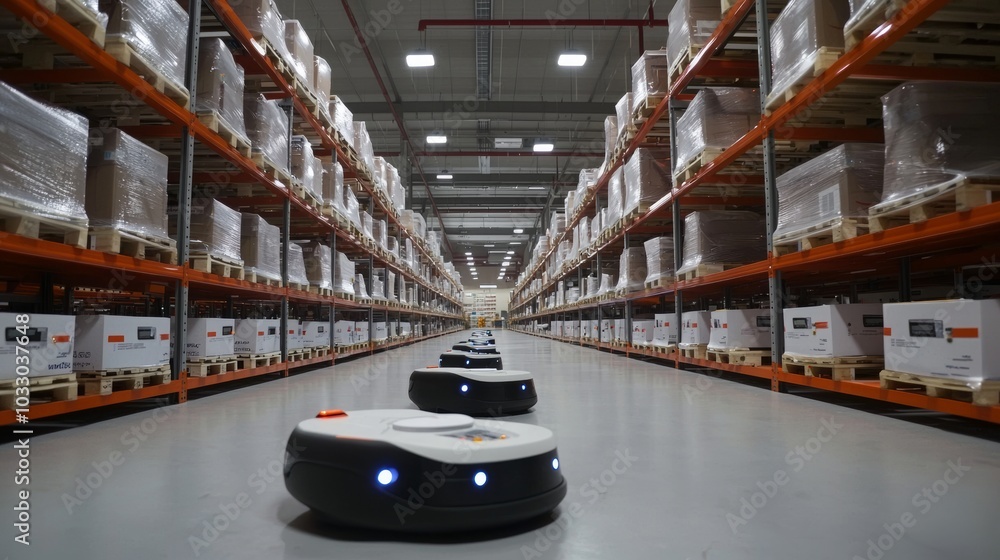 Robots navigate through a busy warehouse filled with stacked pallets ...