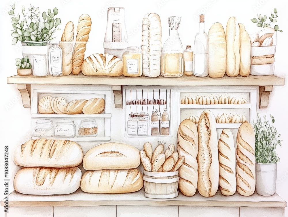 Traditional French bakery display at a street market, with baguettes ...