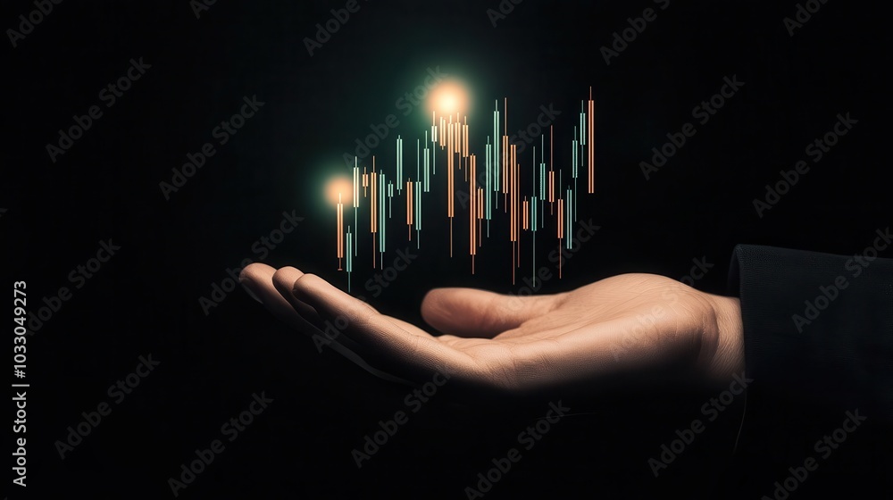 Holographic stock market display floating above a traders hand ...