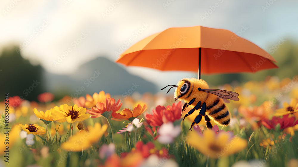 Cute cartoon bee with umbrella in flower blooming meadow, spring summer ...