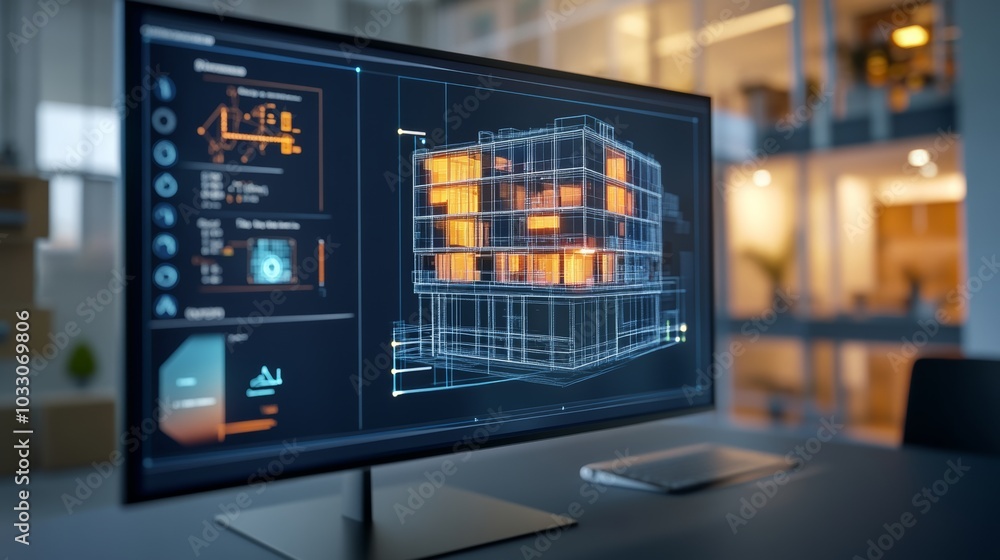 A virtual fire control interface displaying a 3D model of a building ...