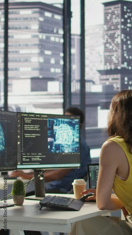 Vertical video Employee using AI technology to design algorithms that enable machines to learn ...