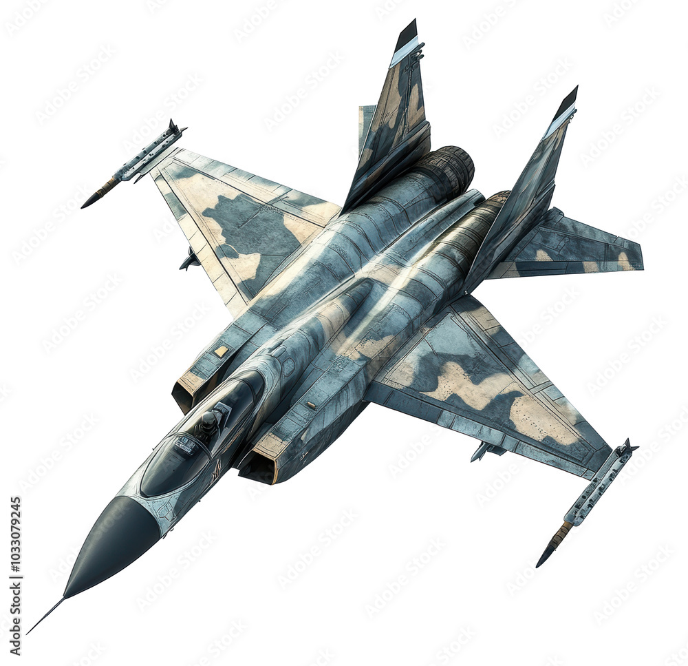 A fighter jet with a camouflage pattern is flying in the air. The jet ...