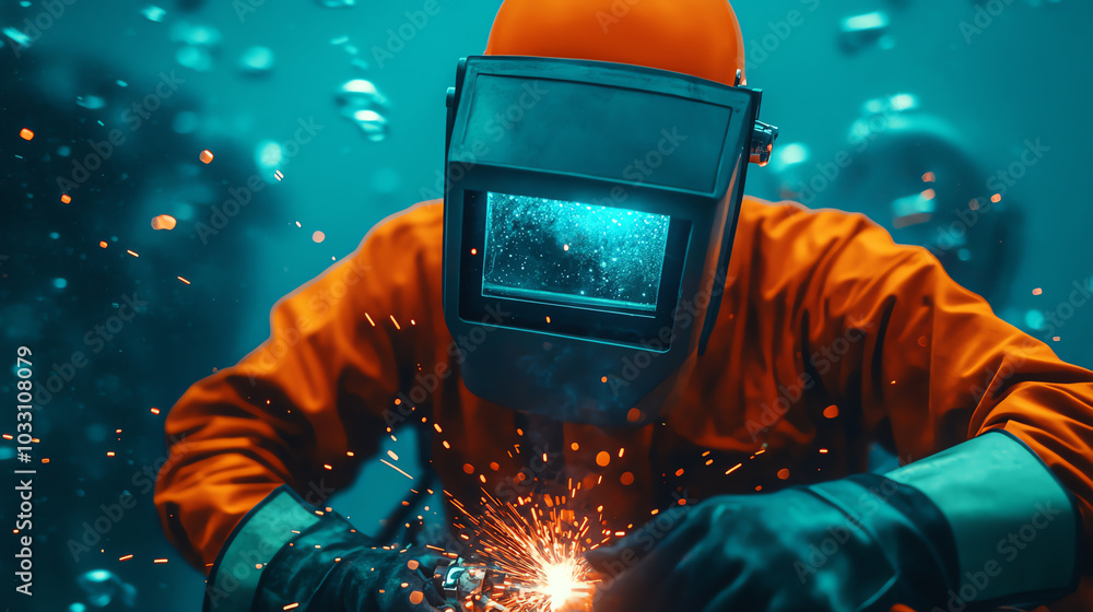A welder in an orange suit skillfully welds underwater, surrounded by ...