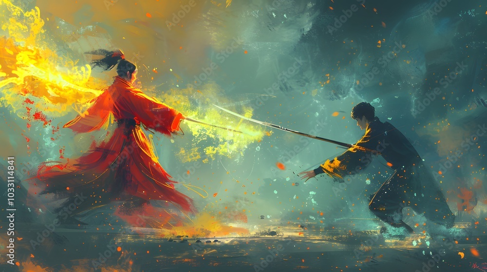 Two warriors engage in a heated sword duel, one wielding a flaming ...
