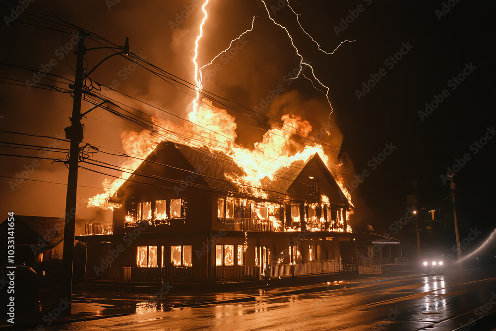 A lightning bolt striking a building during a thunderstorm, causing a ...