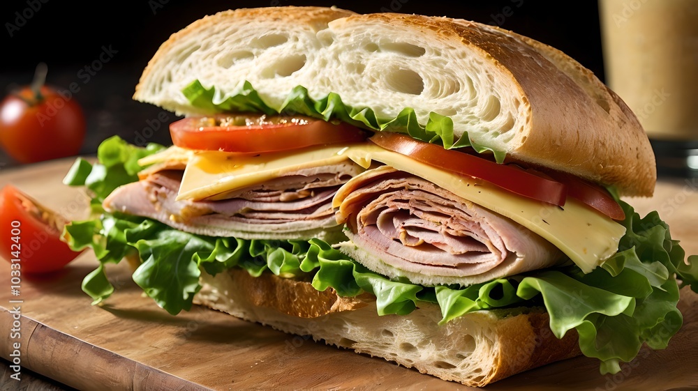 ham and cheese sandwich Slicing to show the layers of the sandwich ...