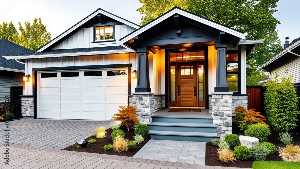 Modern suburban home exterior, craftsman-style architecture, wooden ...