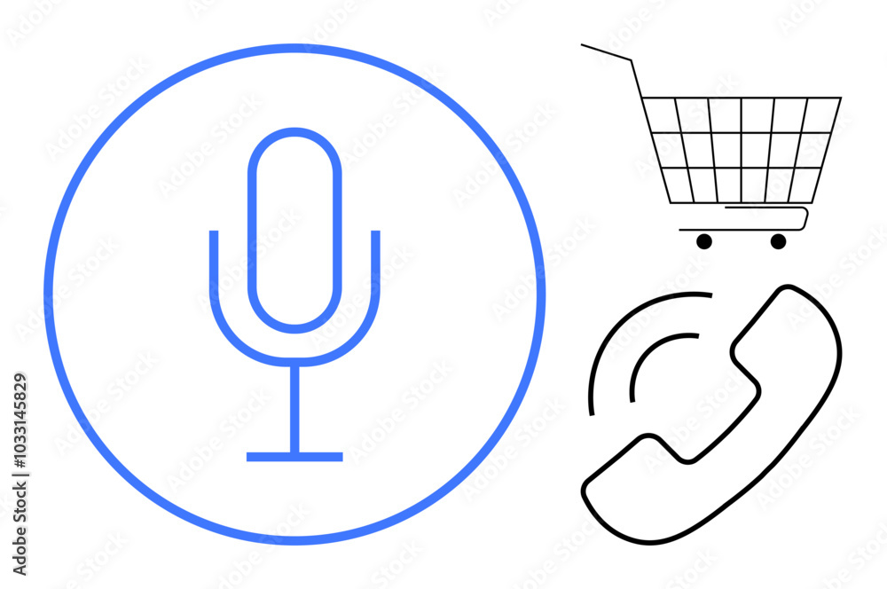 Microphone within circle, shopping cart and phone symbols are shown ...
