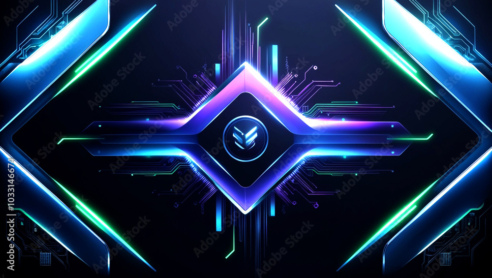 Abstract symmetric black background with blue glowing neon lines. Neon ...