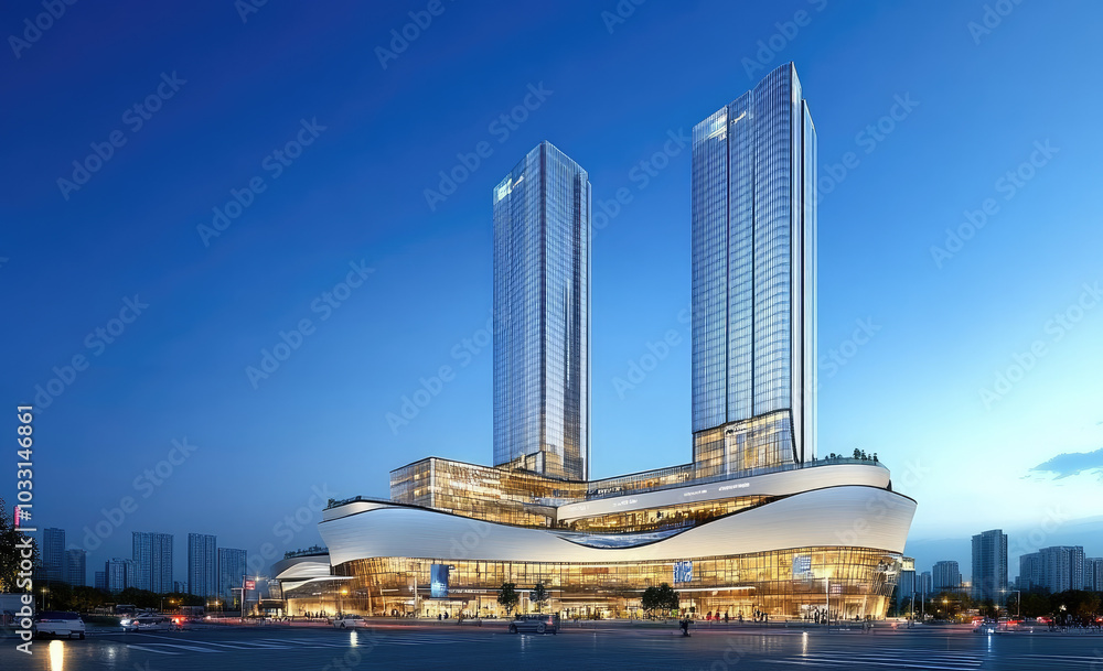 the modernist commercial complex with three tall buildings, glass ...