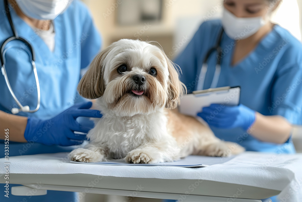 Veterinarians examining dog on table, professional and caring scene in ...