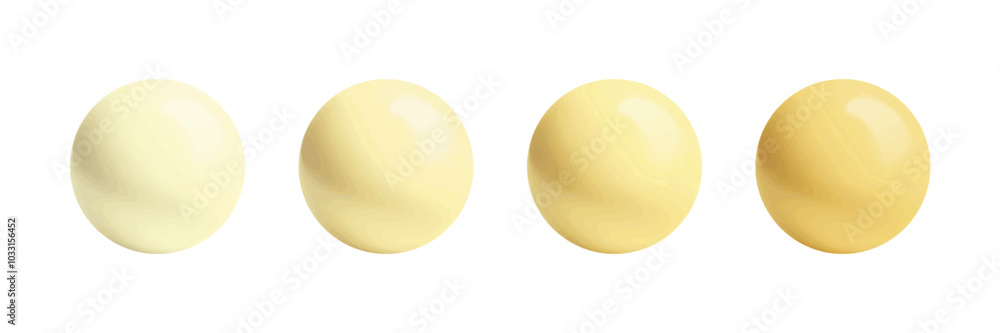 This image shows four glossy spheres in different shades of yellow ...
