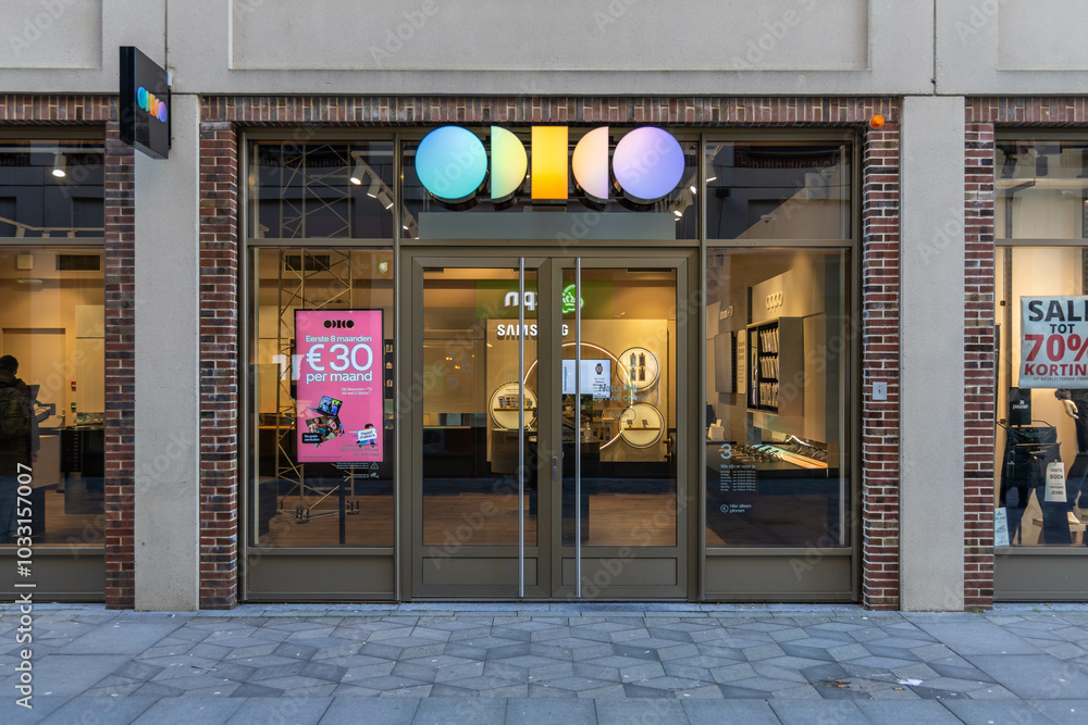 Odido store with new logo sign. Formerly T-Mobile Netherlands and Tele2 is the largest mobile ...