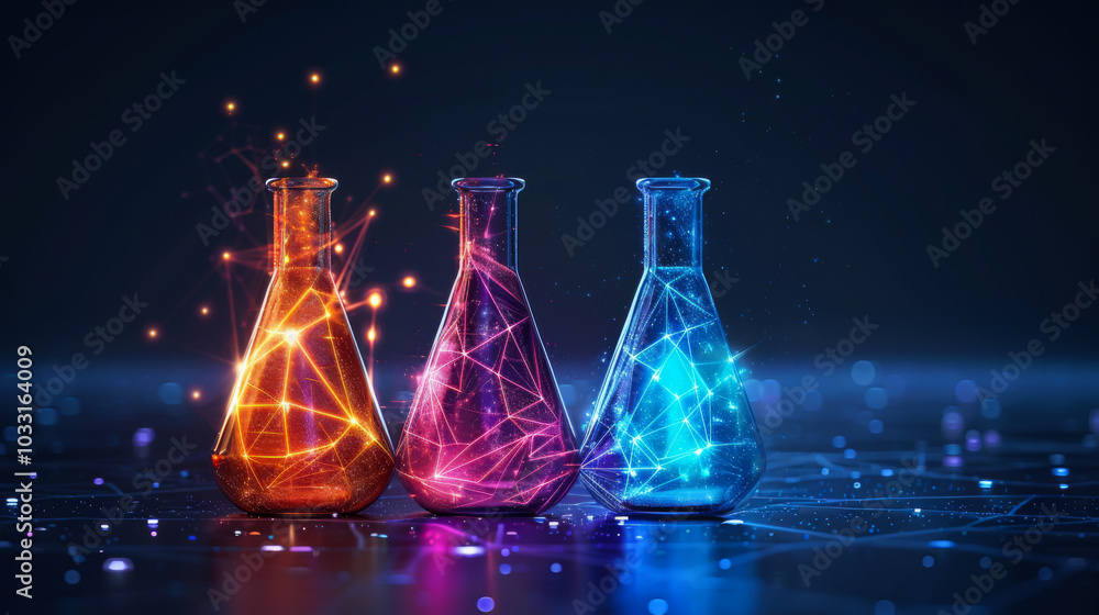 Low poly science chemical glass flasks. Magical equipment polygonal ...