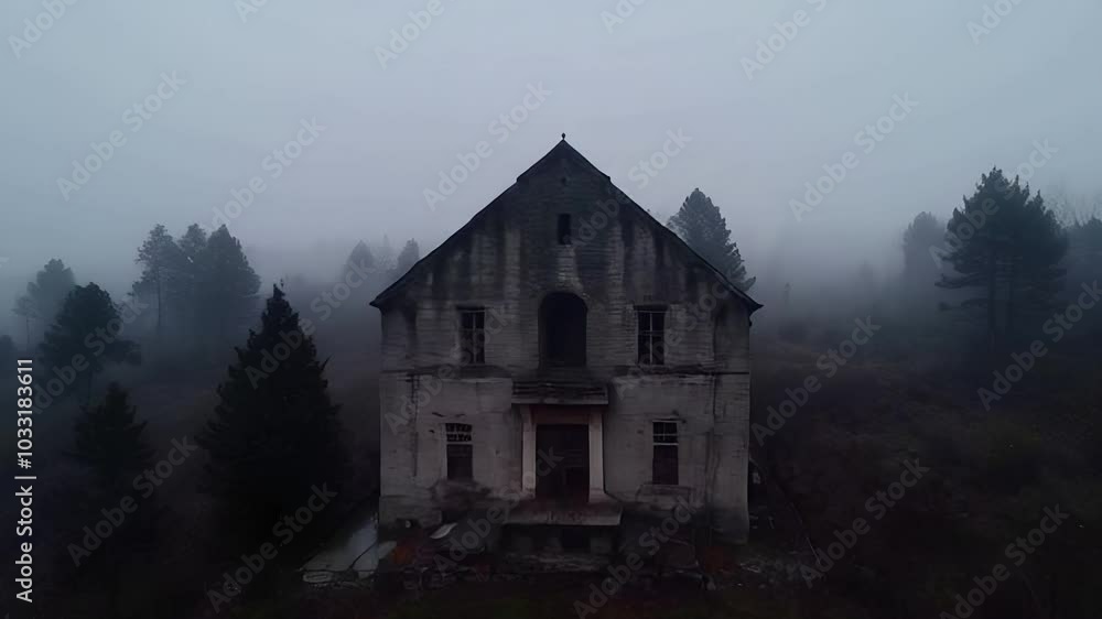 Creepy building without inhabitants in a foggy forest, for horror ...
