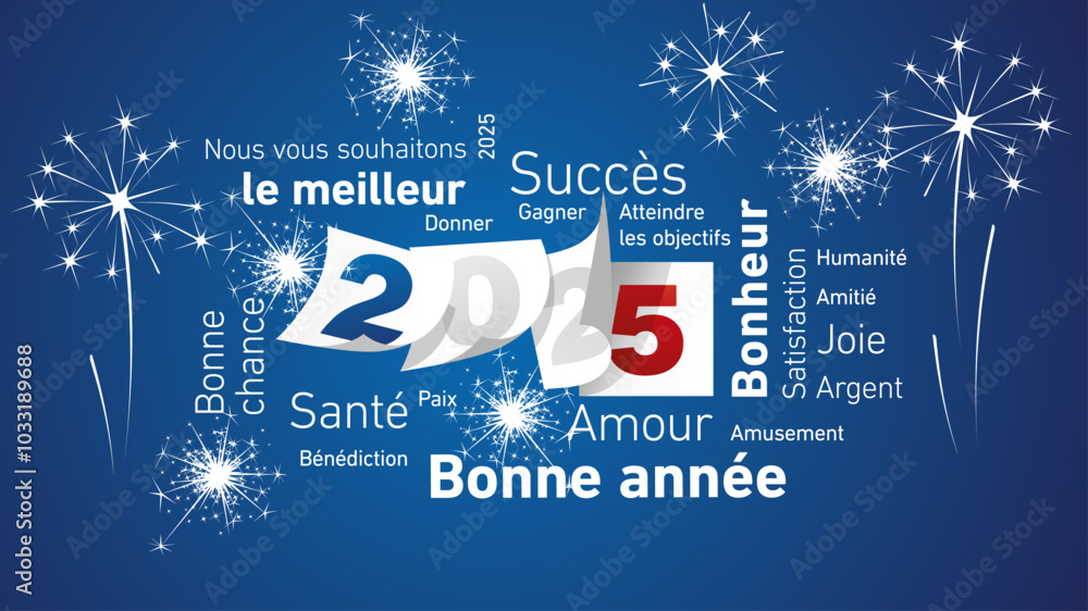 Happy New Year 2025 eve white French word cloud text with blue white ...