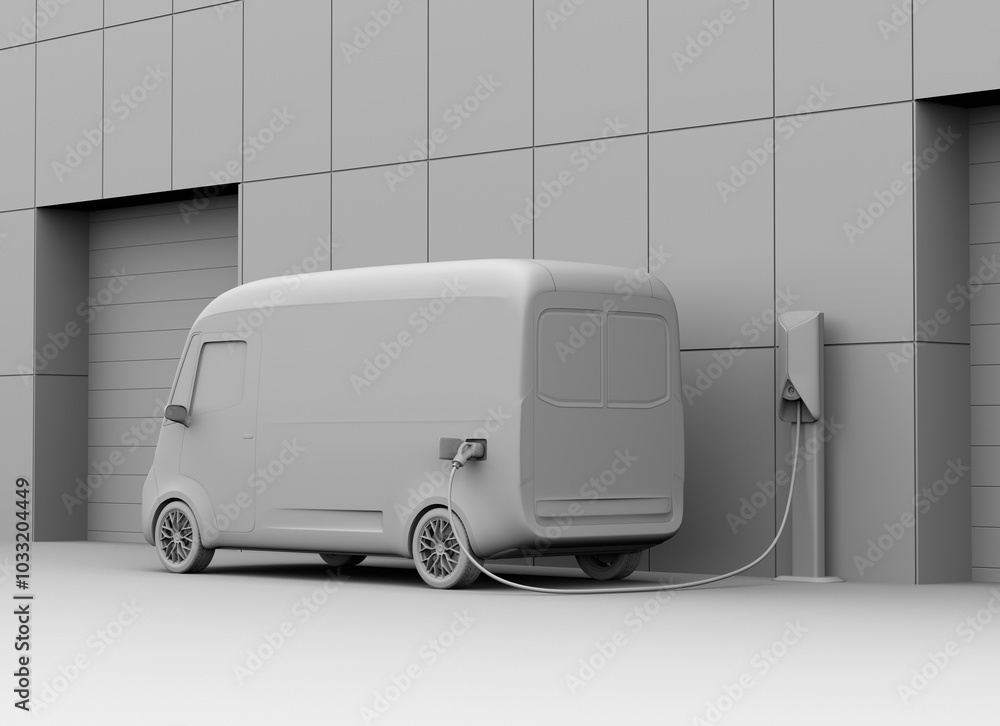 Clay rendering of Electric Delivery Van charging in charging station ...