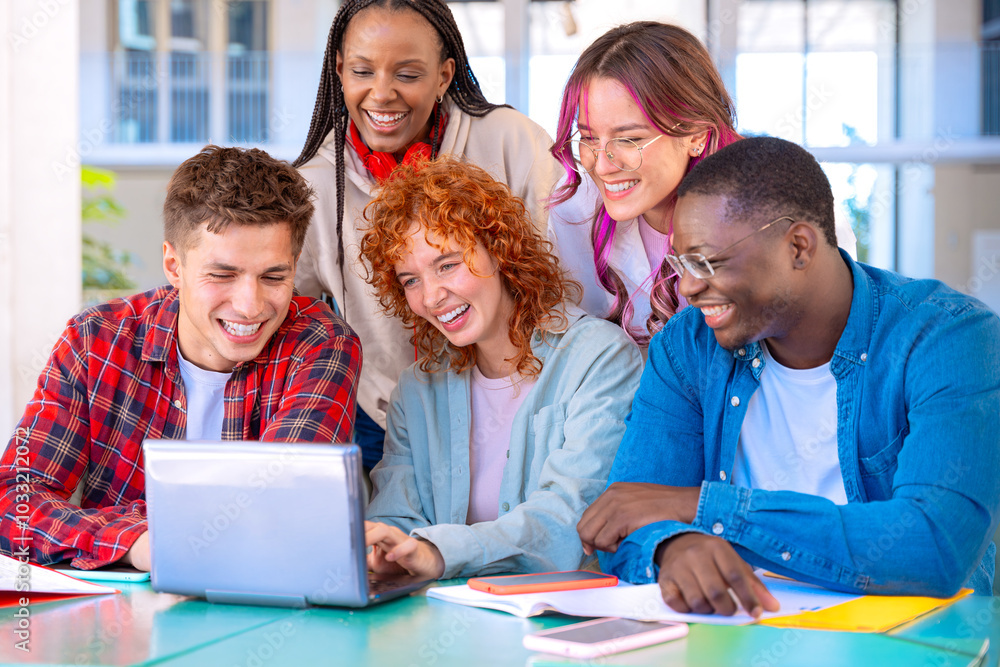 Group of students, meet on university campus work together on creative ...