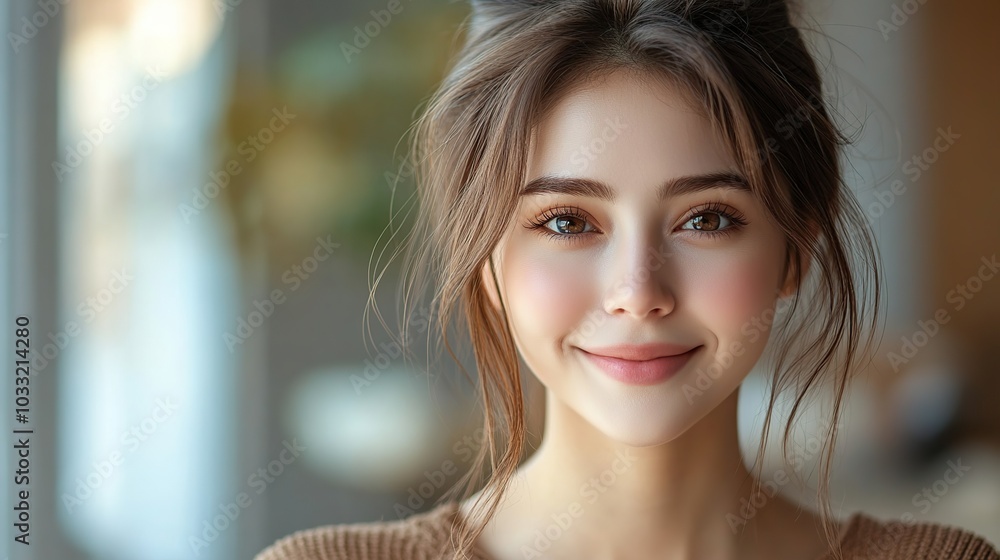 Face of a 33-year-old woman displaying gratitude with a warm smile and ...