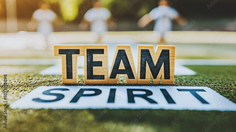 Concept image with team spirit sign on a stadium grass with football ...
