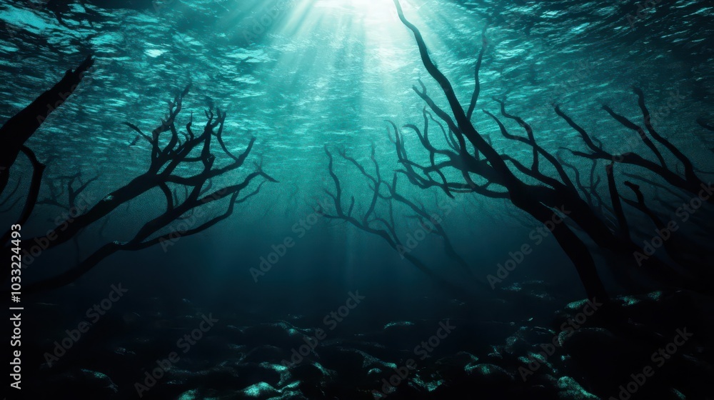 3D model of a submerged forest with ocean waters covering oncedry land ...