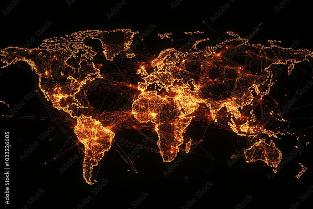 World map with nodes and lines symbolizing global logistics networks ...