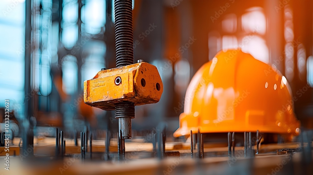 Heavy duty pile driver hammer positioned beside sturdy steel pylons ...