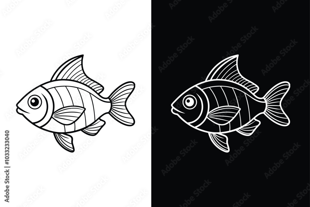Simple Fish Icon for Food Apps. Isolated Line Art on White and Black ...