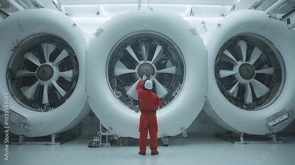 Crew of engineers and mechanics inspecting and maintaining the internal ...