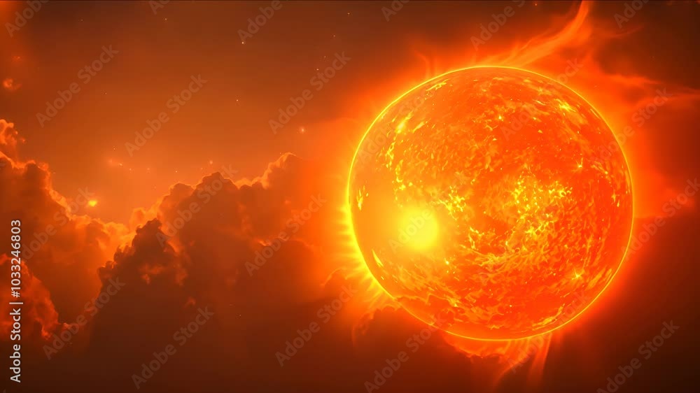 Glowing Sun with Fiery Solar Flares Amidst Cosmic Clouds. A radiant sun ...