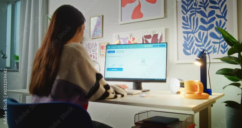 Back view of girl typing prompt in AI image generator using PC ...