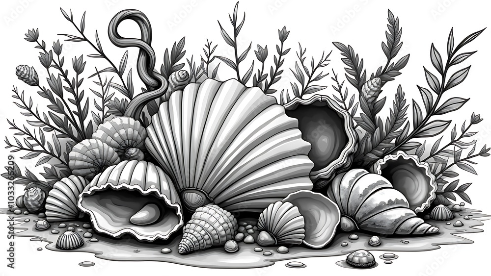 Seashells surrounded by seaweed, showcasing oceanic and marine life ...