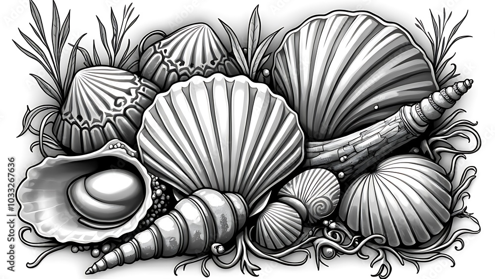 Seashells surrounded by seaweed, showcasing oceanic and marine life ...