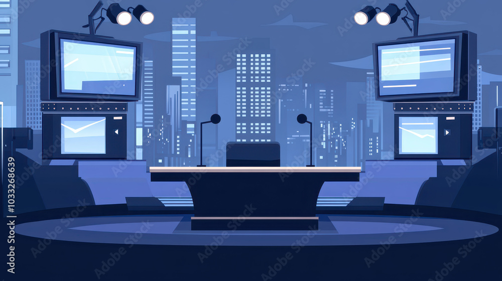 Minimalist Flat Design Illustration of a News Anchor Desk: Clean Lines ...