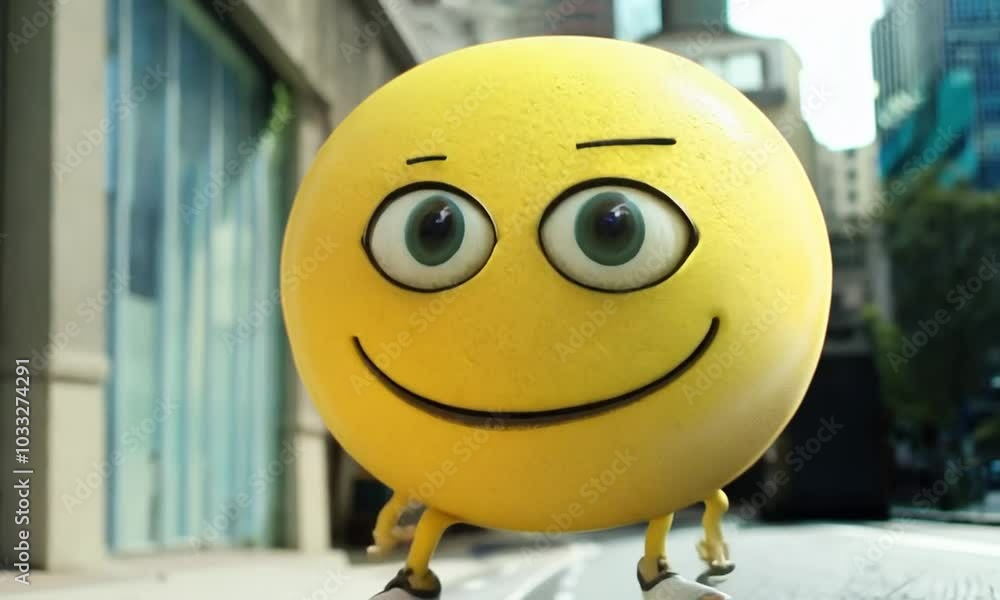A cartoonish yellow character with large eyes and a big smile in a ...