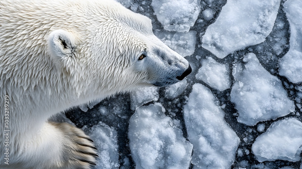Zoomed-in view of a polar bear's fur on cracked ice, with the texture ...