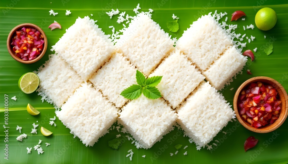 Traditional Kiribath Milk Rice Served on a Banana Leaf with Sambol (Sri ...