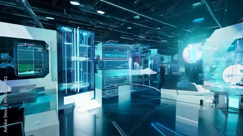 Exploring a futuristic exhibition space with vibrant lighting and ...