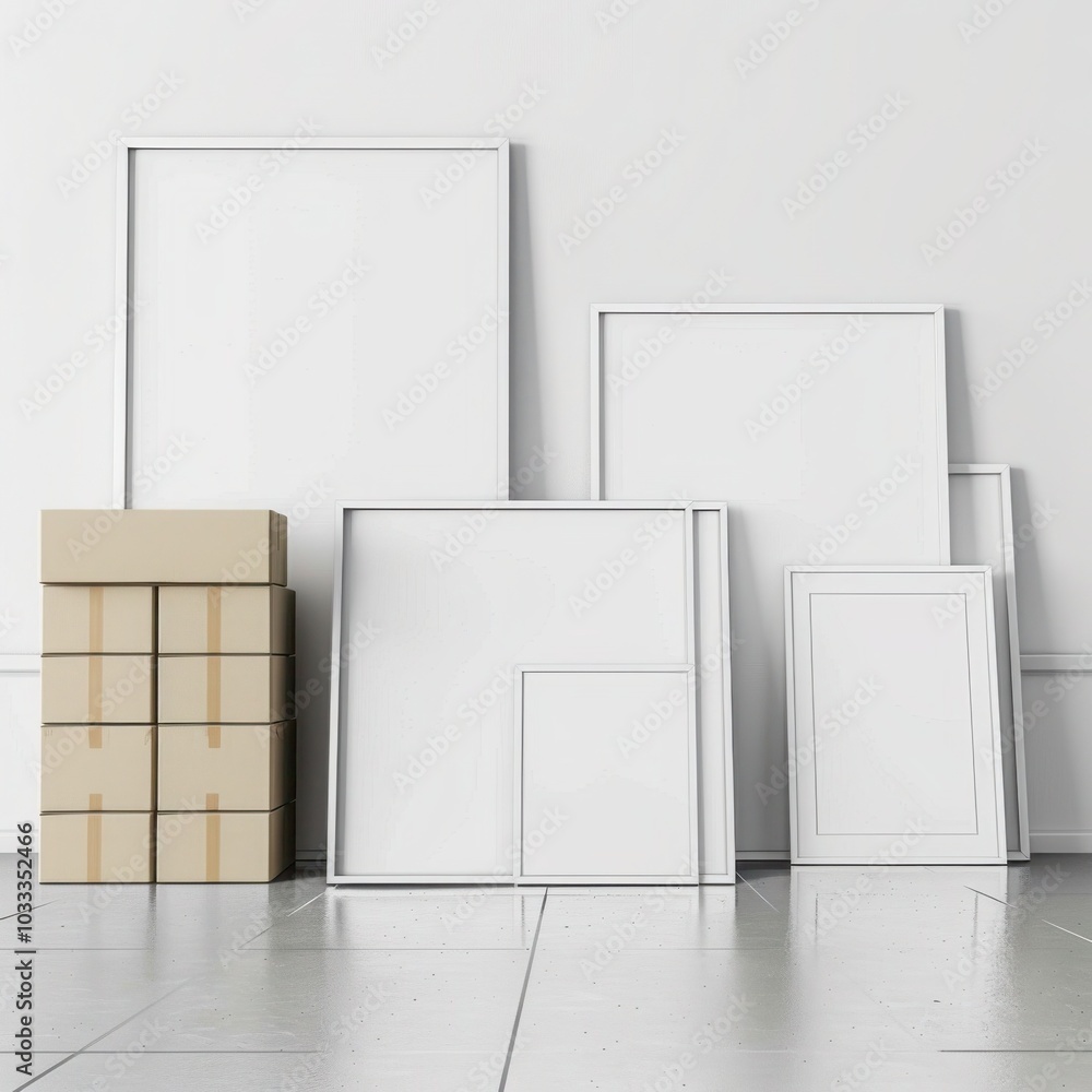 Five white empty frames in different sizes and orientations mockup ...