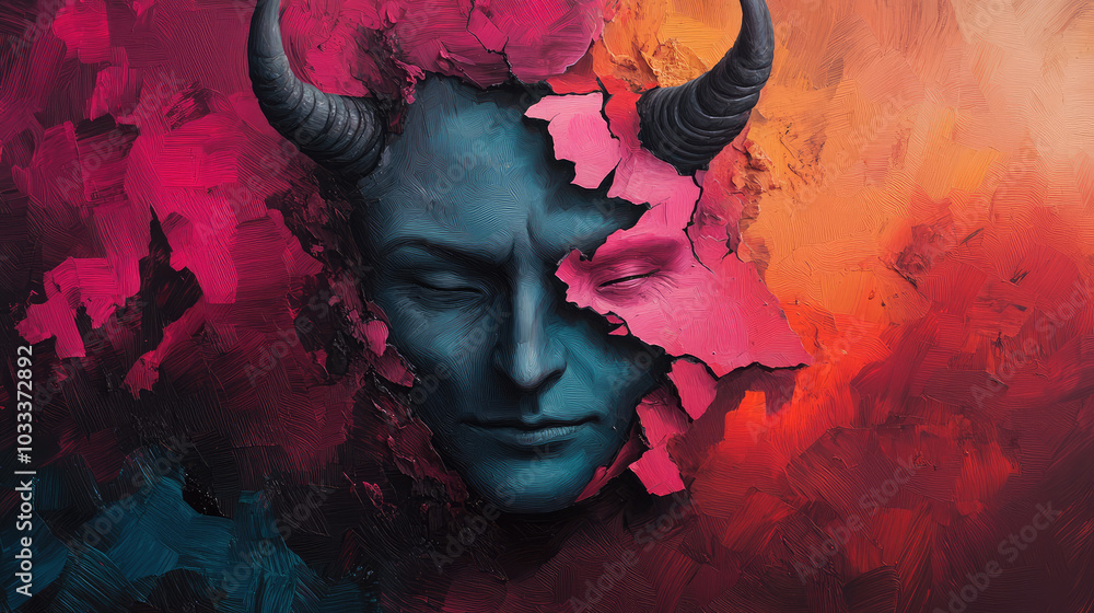 Abstract devil figure with deformed horns and a fragmented face ...