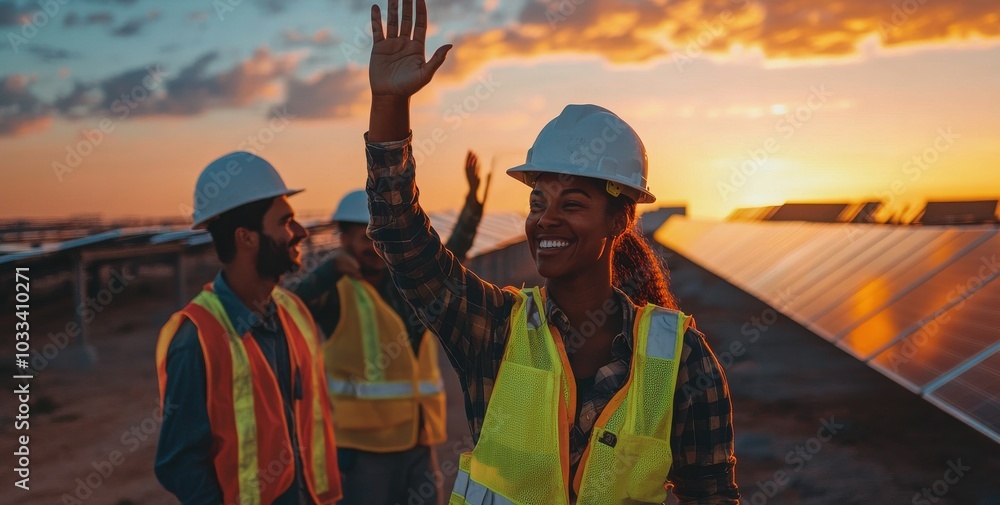 Three construction workers joyfully high-five in front of solar panels ...
