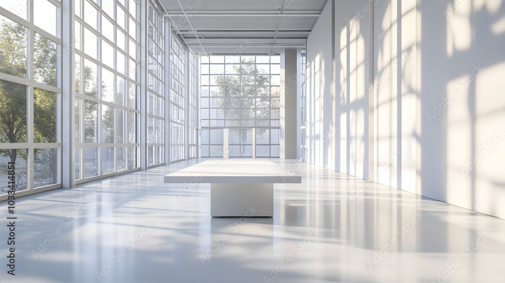 7. "A bright 3D render studio with large windows allowing daylight in ...