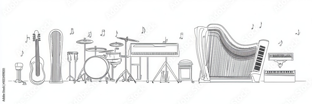 musical instruments with a classical feel. One line illustration of a ...