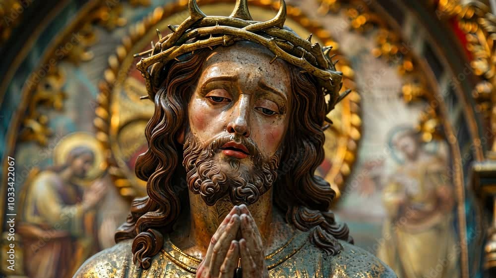 A close-up view of a wooden statue of Jesus Christ in prayer at a ...