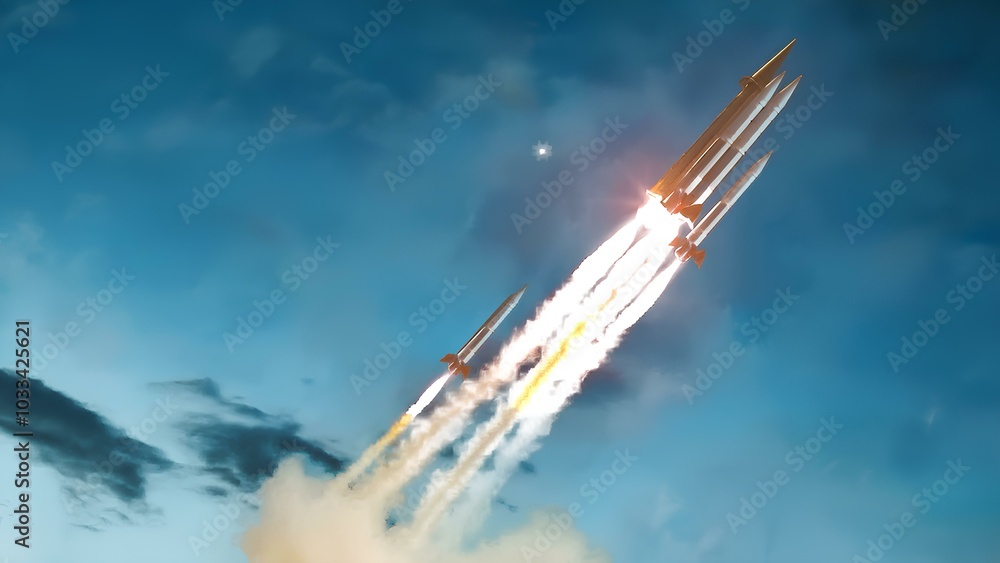Air defense in action. Ballistic missiles fly in the sky. Weapons of ...