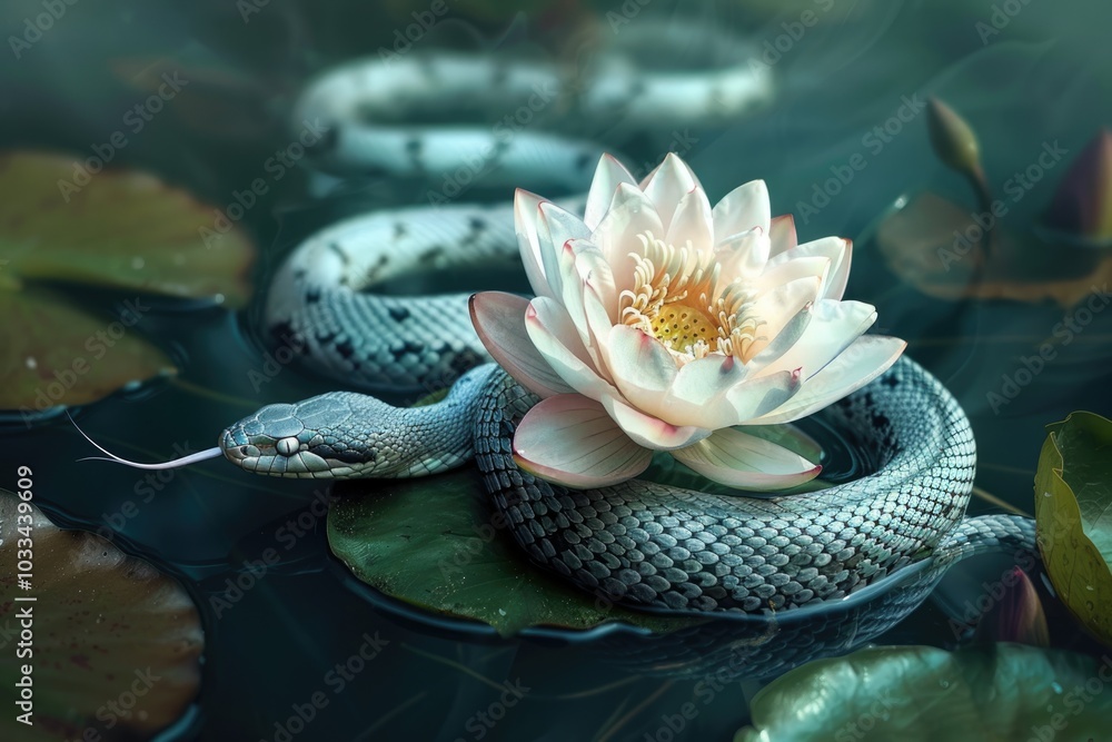 Snake is the symbol of the year 2025. Snake is wrapped around a lotus ...