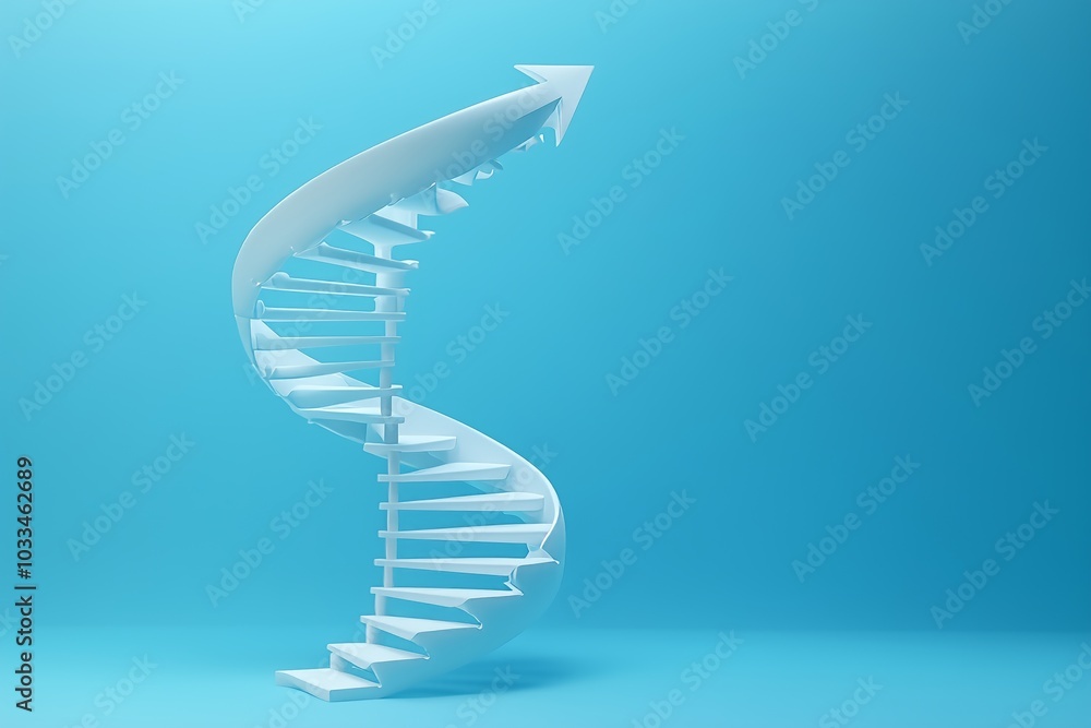 White arrow following the spiral staircase of growth on blue background ...